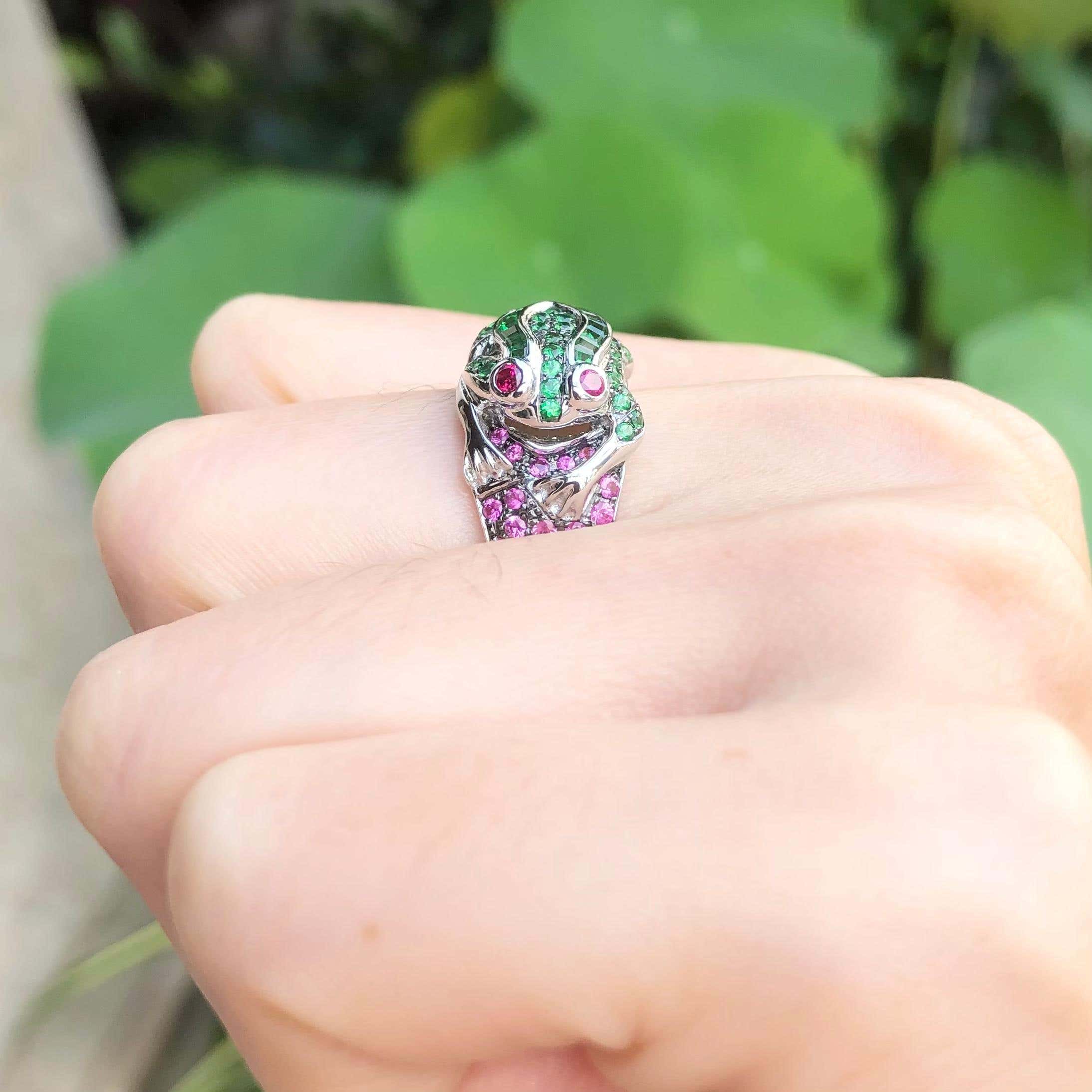 SJ3272 - Tsavorite, Pink Sapphire and Ruby Frog Ring Set in 18 Karat W ...