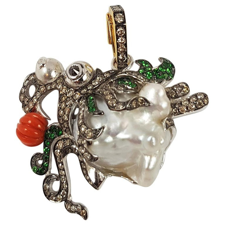 JP0410X - Baroque South Sea Pearl, Coral, Brown Diamond Pendant in 18K ...