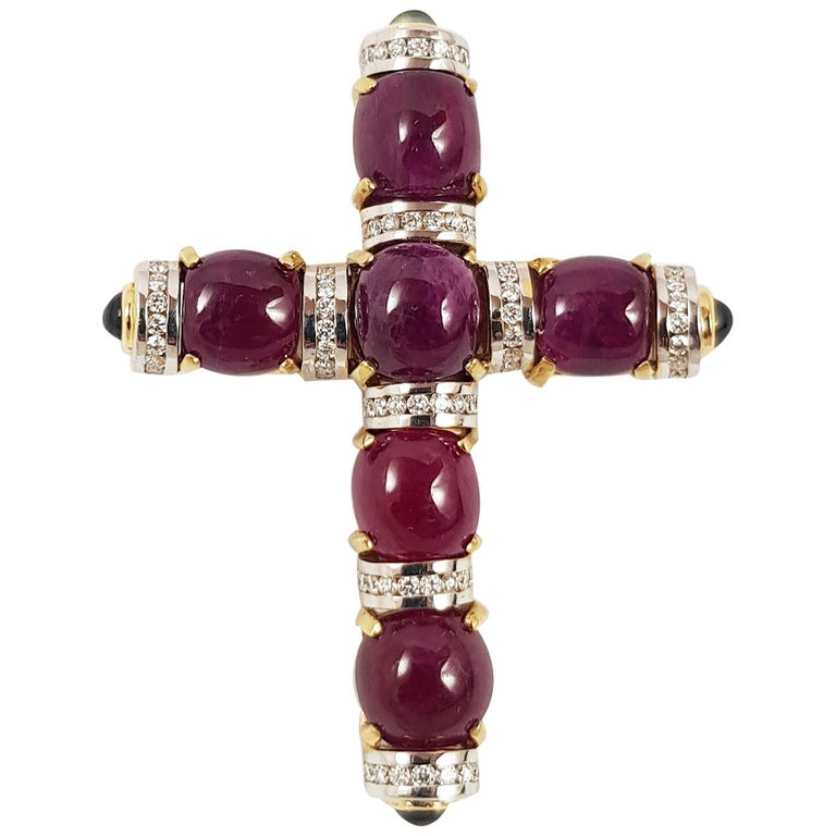 SJ2625 - Cabochon Ruby with Blue Sapphire and Diamond Cross Pendant Se ...