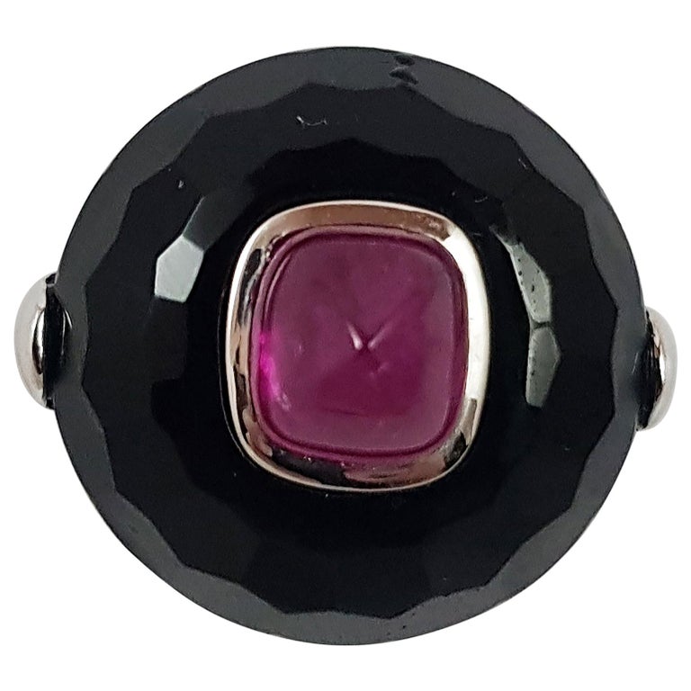 SJ6297 - Cabochon Ruby with Onyx Ring Set in 18 Karat White Gold Setti ...