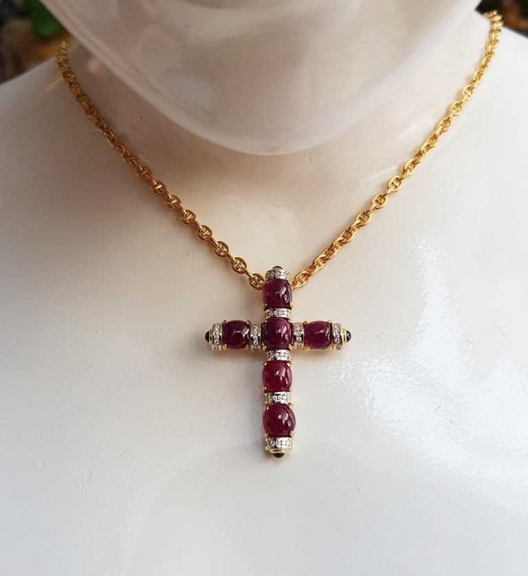 SJ2625 - Cabochon Ruby with Blue Sapphire and Diamond Cross Pendant Se ...