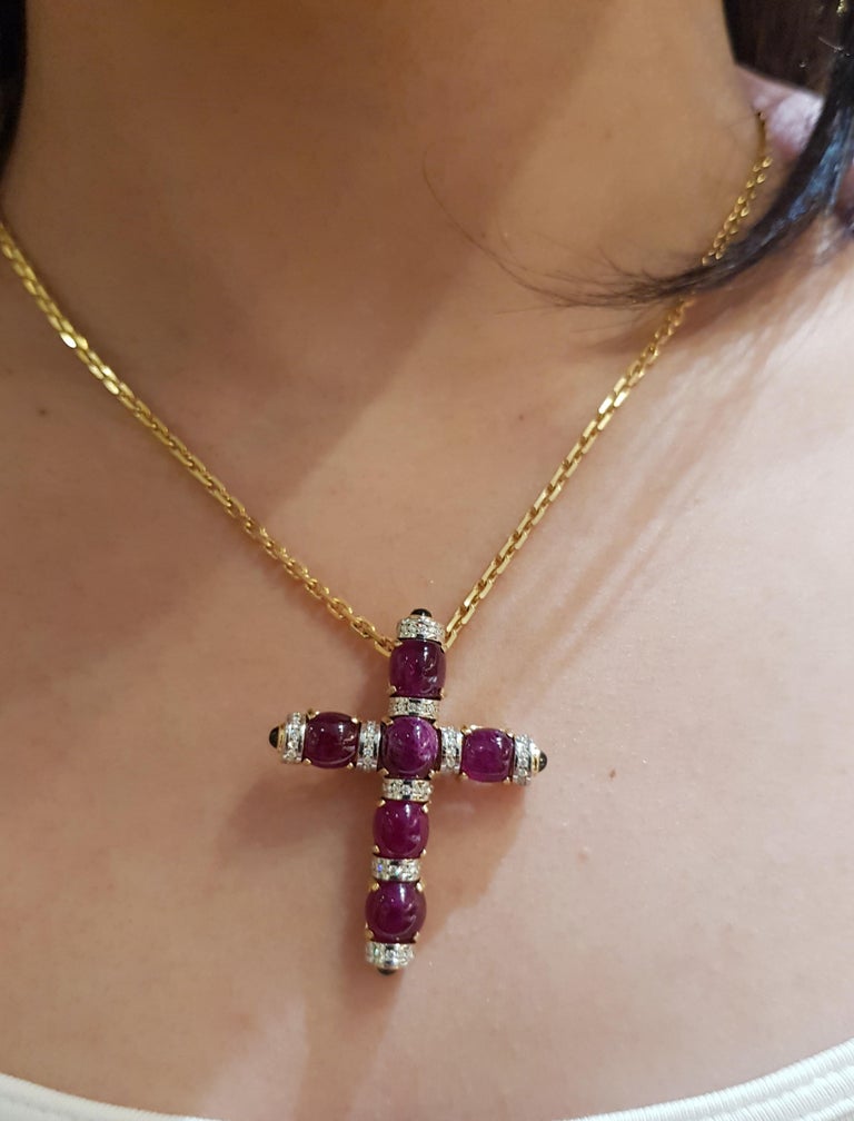 SJ2625 - Cabochon Ruby with Blue Sapphire and Diamond Cross Pendant Se ...
