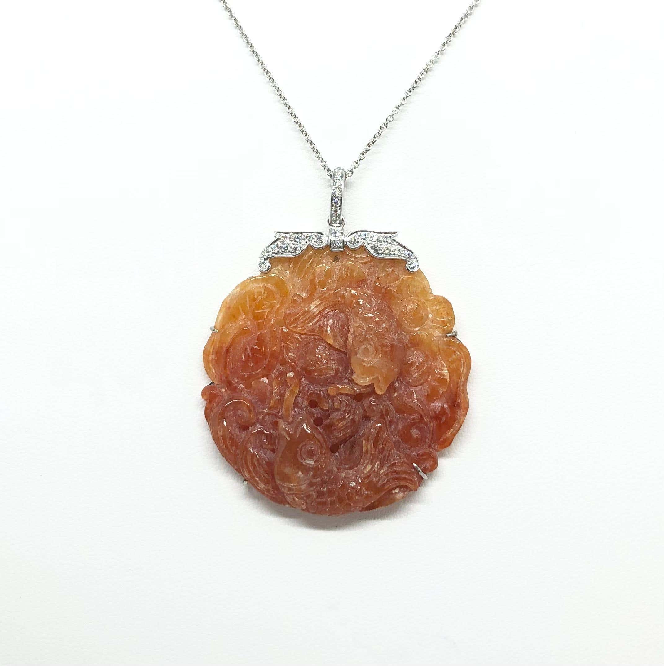 JP0296P - Carved Orange Jade with Diamond Pendant Set in 18 Karat Whit ...