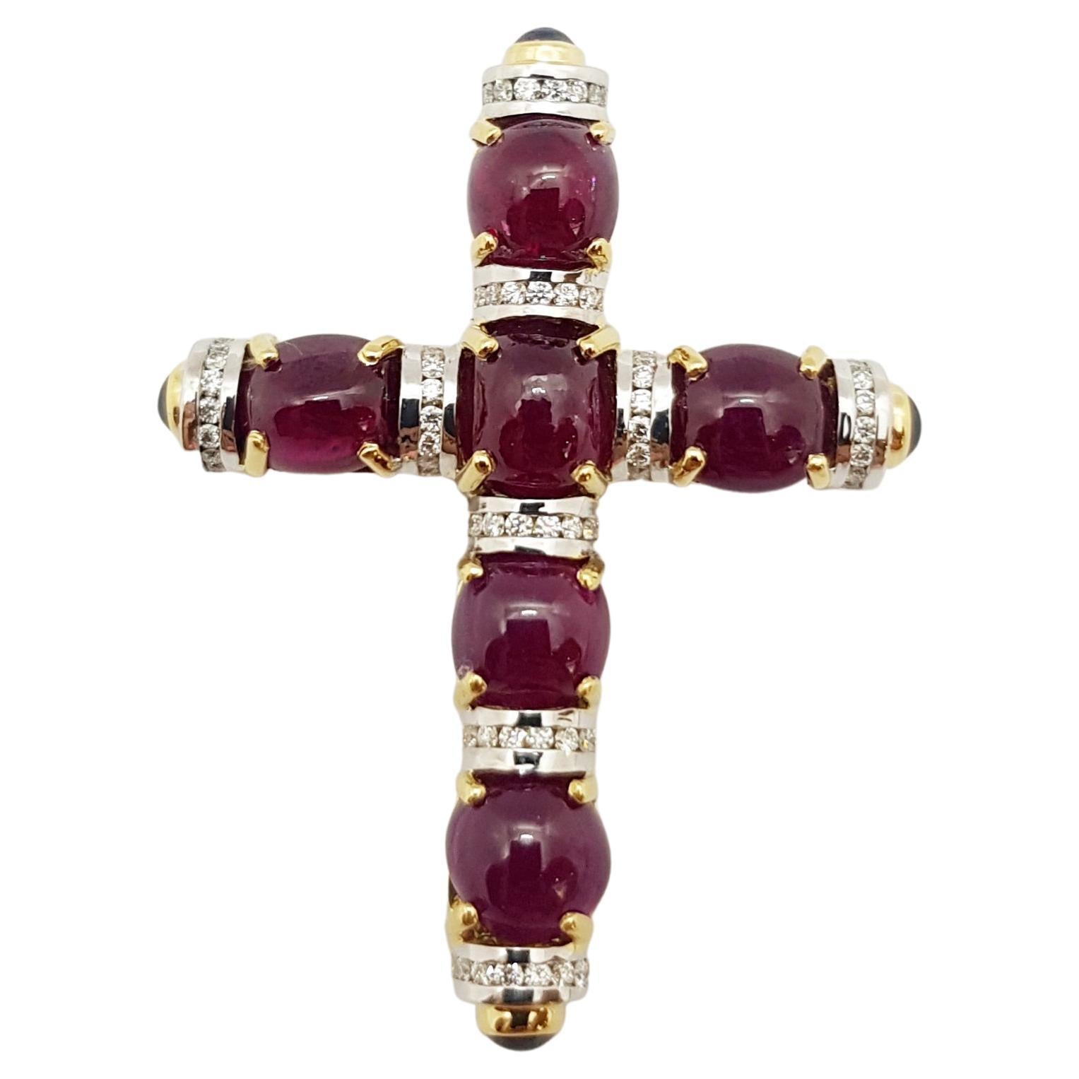 SJ2625 - Cabochon Ruby with Blue Sapphire and Diamond Cross Pendant Se ...